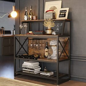 Bestier Bar Table with Storage Coffee Bar Cabinets for Liquor and Glasses, Wine Rack Freestanding Floor with Glass Holder for Home Kitchen Dining Room Basement,Rustic Brown