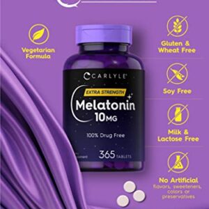 Melatonin 10mg | 365 Tablets | Drug Free Aid for Adults | Vegetarian, Non-GMO, Gluten Free Supplement | by Carlyle