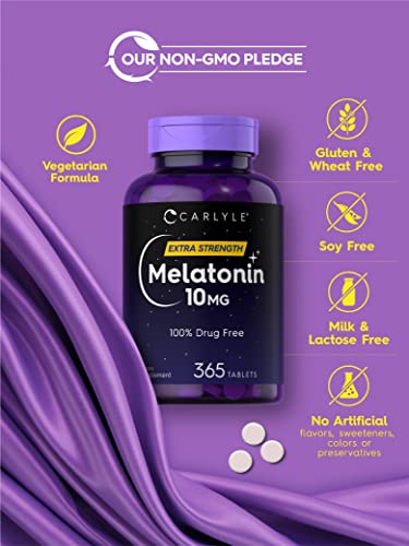 Melatonin 10mg | 365 Tablets | Drug Free Aid for Adults | Vegetarian, Non-GMO, Gluten Free Supplement | by Carlyle