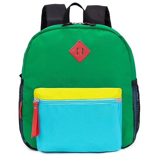 HawLander Preschool Kids Backpack, 12 inch Toddler Backpacks for Boys with Chest Strap, Green Blue