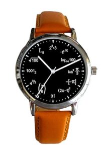 math dial watch shows physics equations on the black dial of the large polished chrome watch wwth golden yellow leather strap