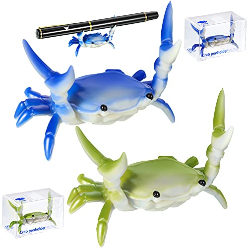 Zonon 2 Pieces Japanese Creative Cute Crab Pen Holder for Desk Weightlifting Crab Pen Holder Creative Present Stand Storage Stationery Desktop Decoration Ornament, Blue and Green