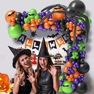 Bonropin Halloween Balloon Garland Arch kit with Black Orange Green Purple Balloons Spider Balloons, Long Balloons, 3D Bat Sticker for Halloween Theme Party Background Classroom Decorations