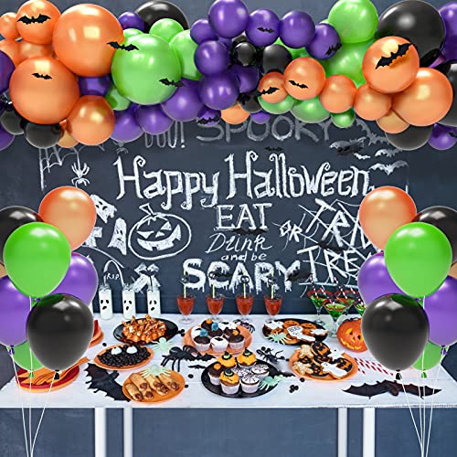 Bonropin Halloween Balloon Garland Arch kit with Black Orange Green Purple Balloons Spider Balloons, Long Balloons, 3D Bat Sticker for Halloween Theme Party Background Classroom Decorations