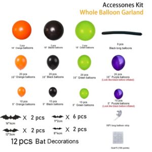 Bonropin Halloween Balloon Garland Arch kit with Black Orange Green Purple Balloons Spider Balloons, Long Balloons, 3D Bat Sticker for Halloween Theme Party Background Classroom Decorations