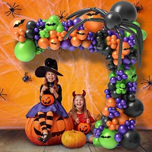 Bonropin Halloween Balloon Garland Arch kit with Black Orange Green Purple Balloons Spider Balloons, Long Balloons, 3D Bat Sticker for Halloween Theme Party Background Classroom Decorations