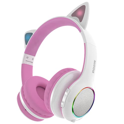 MIDOLA Kids Headphone Bluetooth Wireless or Wired Over Ear Cat Light Foldable Stereo Headset with AUX 3.5mm Mic Volume Limit 110-94 dB for Adult Child Boy Girl Cellphone Tablets TV Game White