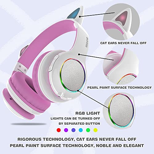 MIDOLA Kids Headphone Bluetooth Wireless or Wired Over Ear Cat Light Foldable Stereo Headset with AUX 3.5mm Mic Volume Limit 110-94 dB for Adult Child Boy Girl Cellphone Tablets TV Game White