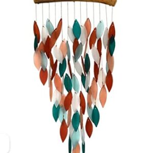 Blue Handworks Deluxe Coral & Teal Waterfall & Driftwood Chime, Sandblasted Glass and Found Wood Handcrafted Wind Chime