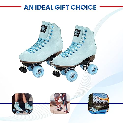 Sure-Grip Boardwalk Unisex Outdoor Roller Skates Material of Leather, Rubber, Suede & Aluminum Trucks | Comfortable, Extra Long Laces - Suitable for Beginners (Sea Breeze, Mens 9 / Womens 10)