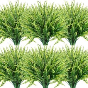 zeostaro 12 bundles artificial plants, fake boston fern greenery outdoor uv resistant no fade faux plastic plants garden porch window box decorating