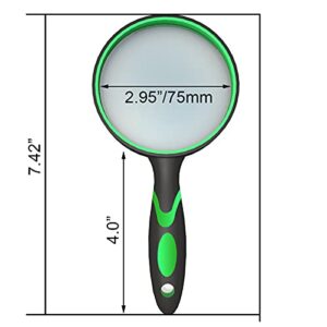 10X Shatterproof Magnifying Glass 10X Large Handheld Magnifying Glass for Seniors Kids 75mm Magnifying Lens with Non-Slip Rubber Handle Magnifier Glass for Reading Science Insect Hobby Observation