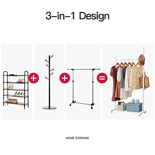 JZM Clothing Racks for Hanging Clothes, Rolling Clothes Rack, Rolling Garment Rack, Multi-functional Garment Rack Freestanding Hanger with 5 Rods, Side Hooks and Lockable Wheels, White Clothing Rack