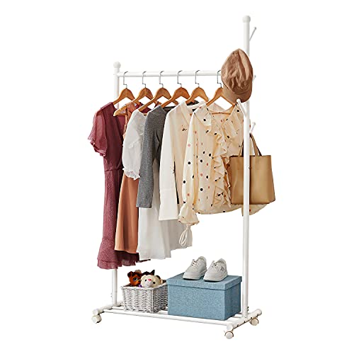 JZM Clothing Racks for Hanging Clothes, Rolling Clothes Rack, Rolling Garment Rack, Multi-functional Garment Rack Freestanding Hanger with 5 Rods, Side Hooks and Lockable Wheels, White Clothing Rack