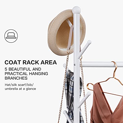 JZM Clothing Racks for Hanging Clothes, Rolling Clothes Rack, Rolling Garment Rack, Multi-functional Garment Rack Freestanding Hanger with 5 Rods, Side Hooks and Lockable Wheels, White Clothing Rack