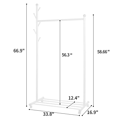 JZM Clothing Racks for Hanging Clothes, Rolling Clothes Rack, Rolling Garment Rack, Multi-functional Garment Rack Freestanding Hanger with 5 Rods, Side Hooks and Lockable Wheels, White Clothing Rack