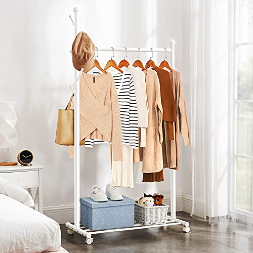 JZM Clothing Racks for Hanging Clothes, Rolling Clothes Rack, Rolling Garment Rack, Multi-functional Garment Rack Freestanding Hanger with 5 Rods, Side Hooks and Lockable Wheels, White Clothing Rack