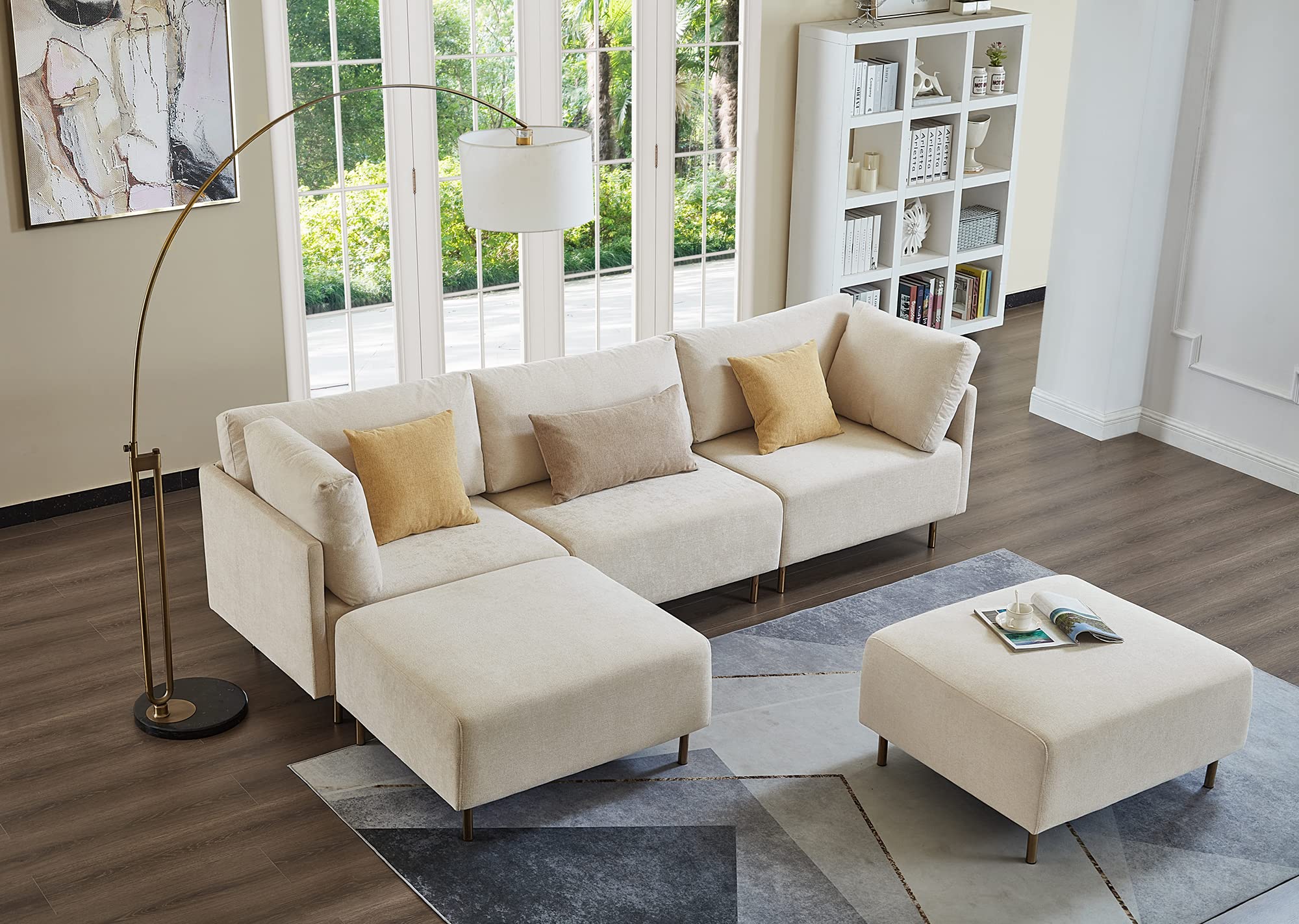 Familymill 108'' Fabric L-Shaped Modular Sectional Sofa with Removable Ottoman and 3 Pillows