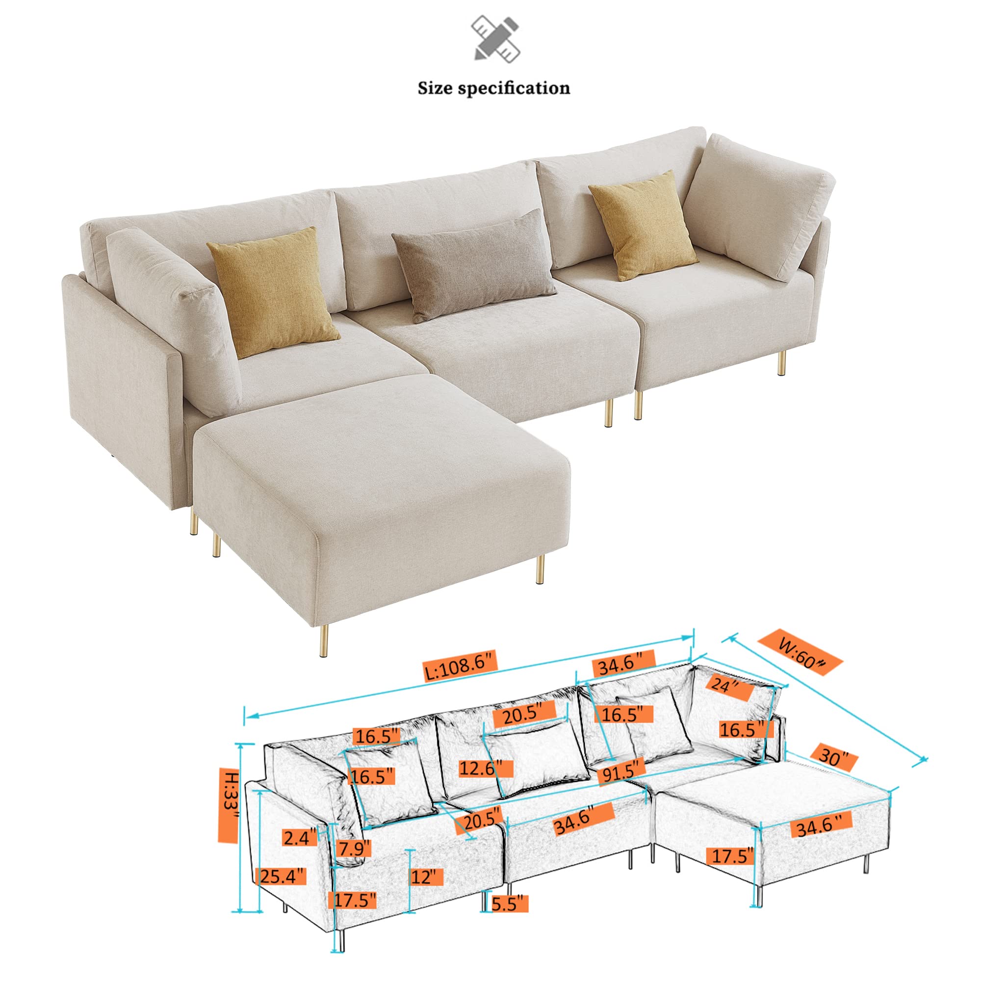 Familymill 108'' Fabric L-Shaped Modular Sectional Sofa with Removable Ottoman and 3 Pillows