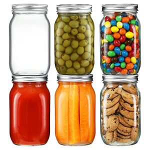 yeboda 6 pack wide mouth mason jars 32oz glass canning jars with airtight lids and bands for preserving, jam, honey, jelly, wedding favors, sauces, meal prep, overnight oats, salad, yogurt