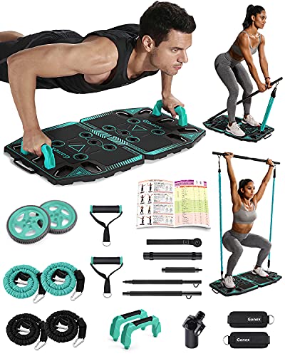 Gonex Portable Home Gym Workout Equipment with 14 Exercise Accessories Ab Roller Wheel,Elastic Resistance Bands,Push-up Stand,Post Landmine Sleeve and More for Full Body Workouts System,Green