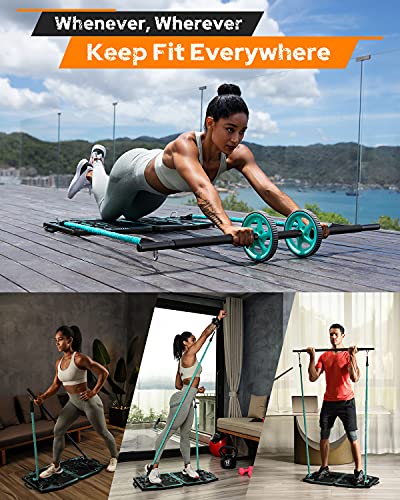 Gonex Portable Home Gym Workout Equipment with 14 Exercise Accessories Ab Roller Wheel,Elastic Resistance Bands,Push-up Stand,Post Landmine Sleeve and More for Full Body Workouts System,Green