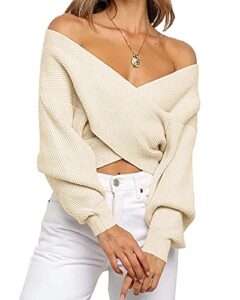 btfbm women casual v neck long sleeve sweaters cross wrap front off shoulder asymmetric hem knitted crop solid pullover(solid apricot, small)