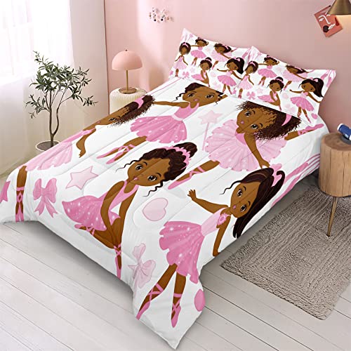 SIRDO Twin Bedding Sets for Girls, African American Magic Comforter Set with Ballet Dancer, Pink Bed Set for Toddler Kids Teens, Little Girls Bedroom Decor