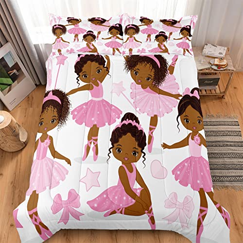 SIRDO Twin Bedding Sets for Girls, African American Magic Comforter Set with Ballet Dancer, Pink Bed Set for Toddler Kids Teens, Little Girls Bedroom Decor