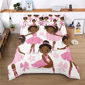 SIRDO Twin Bedding Sets for Girls, African American Magic Comforter Set with Ballet Dancer, Pink Bed Set for Toddler Kids Teens, Little Girls Bedroom Decor