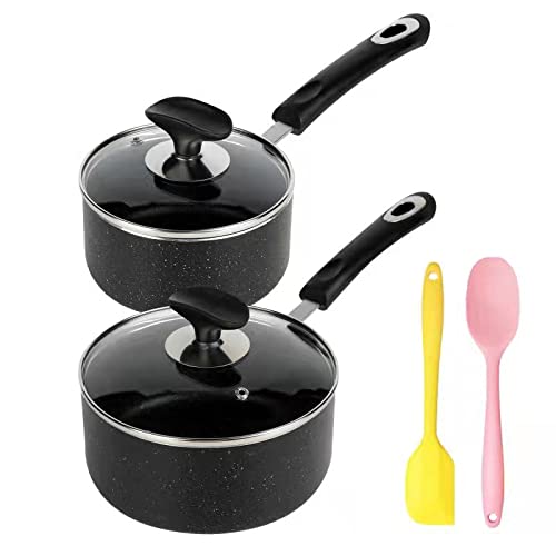 RATWIA Nonstick Saucepan Set - 1 Quart and 2 Quart,Ultra Non Stick Sauce Pan Small Pot with Glass Lid,Great for Home Kitchen Restaurant,Black