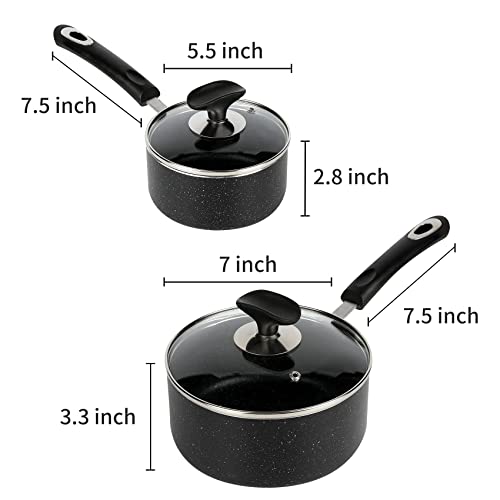 RATWIA Nonstick Saucepan Set - 1 Quart and 2 Quart,Ultra Non Stick Sauce Pan Small Pot with Glass Lid,Great for Home Kitchen Restaurant,Black