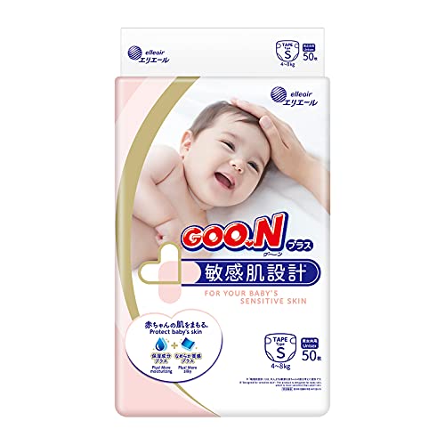 GOO.N Plus+ Diapers S Size (up to 18 lb) Unisex 1-Pack 50 Count Tape Straps Sensitive Skin, Made in Japan