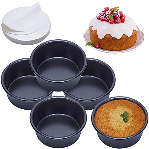 4 Inch Cake Pan Set of 5, Nonstick Round Cake Pans with 100 Pieces Parchment Paper, Baking Pan for Mini Cake Pizza Cheesecake, Non Toxic & Leakproof , Aluminum Material Food Grade Non Stick Coating