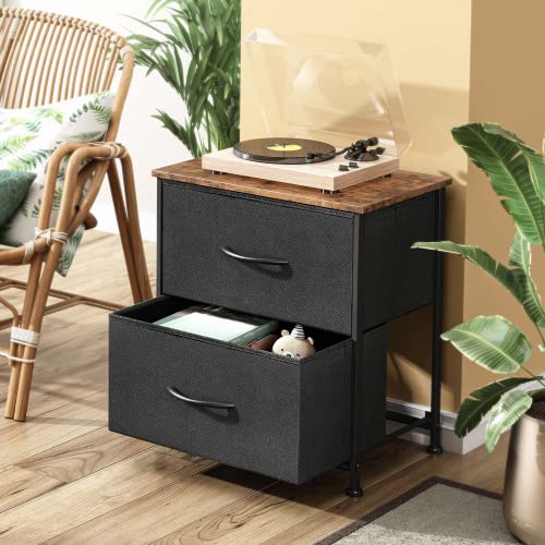 WLIVE Nightstand, 2 Drawer Dresser for Bedroom, Small Dresser with 2 Drawers, Bedside Furniture, Night Stand, End Table with Fabric Bins for Bedroom, Closet, Entryway, Nursery, Black and Rustic Brown