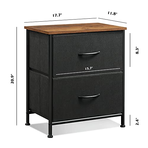 WLIVE Nightstand, 2 Drawer Dresser for Bedroom, Small Dresser with 2 Drawers, Bedside Furniture, Night Stand, End Table with Fabric Bins for Bedroom, Closet, Entryway, Nursery, Black and Rustic Brown