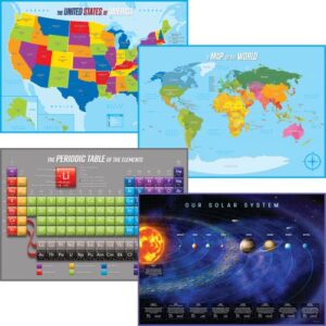 classroom wall posters - solar system, periodic table, world map & usa maps for kids - visual learning aid for children and schools - laminated & durable