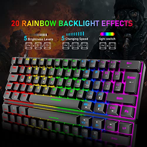 60% True Mechanical Gaming Keyboard Ultra-compact with 20 Rainbow Backlit Type C Wired Programmable 62 Keys Tactile Blue Switch Waterproof Non-Conflict and Gaming Mouse Pad  for PC/Laptop/PS5（Black)