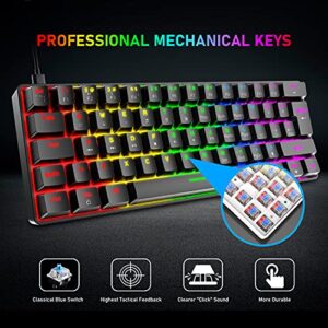 60% True Mechanical Gaming Keyboard Ultra-compact with 20 Rainbow Backlit Type C Wired Programmable 62 Keys Tactile Blue Switch Waterproof Non-Conflict and Gaming Mouse Pad  for PC/Laptop/PS5（Black)