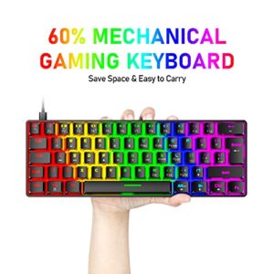 60% True Mechanical Gaming Keyboard Ultra-compact with 20 Rainbow Backlit Type C Wired Programmable 62 Keys Tactile Blue Switch Waterproof Non-Conflict and Gaming Mouse Pad  for PC/Laptop/PS5（Black)