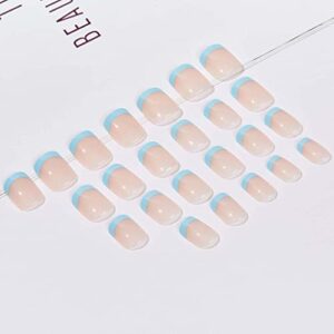 RikView Press on French Tip Nails Oval Tips Glossy Fake/ False Nails with Design Full Cover Acrylic Nails (Blue)