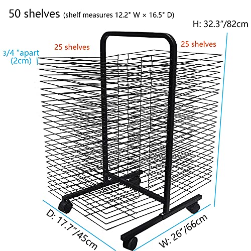 VEITEOX FTY 3 Sizes Mobile Art Drying Rack, Classroom Studio Home Painting Drying Rack for Kids, Artists, Double Sided Art Rack Storage Organizer on Wheels (Size : 50 Shelves)