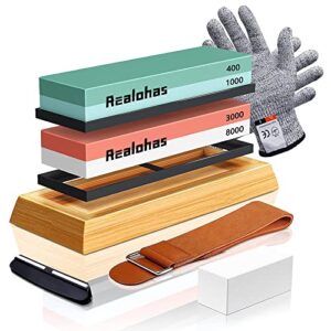 whetstone knife sharpening stone kit - professional knife sharpener stone set, realohas premium 4 side grit 400/1000 3000/8000 wet stone sharpening kit with anti cut gloves, leather strop, angle guide