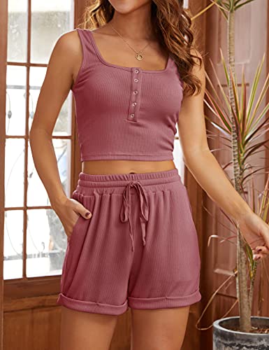 MEROKEETY Women's Summer Ribbed Pajama Set Crop Top and Shorts Sleeveless Lounge Outfits Sets with Pockets Maroon