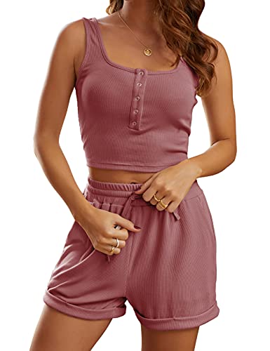 MEROKEETY Women's Summer Ribbed Pajama Set Crop Top and Shorts Sleeveless Lounge Outfits Sets with Pockets Maroon