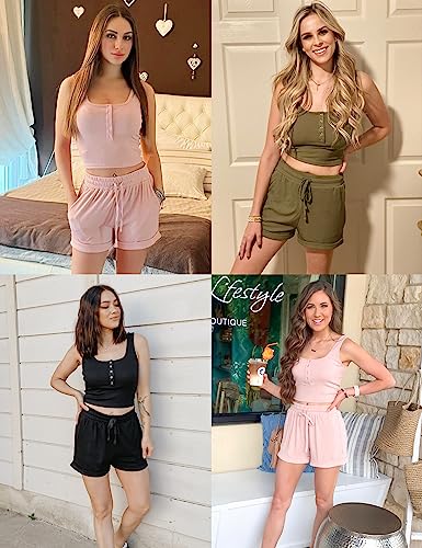 MEROKEETY Women's Summer Ribbed Pajama Set Crop Top and Shorts Sleeveless Lounge Outfits Sets with Pockets Maroon