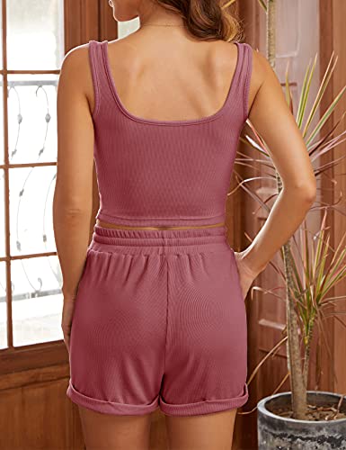 MEROKEETY Women's Summer Ribbed Pajama Set Crop Top and Shorts Sleeveless Lounge Outfits Sets with Pockets Maroon