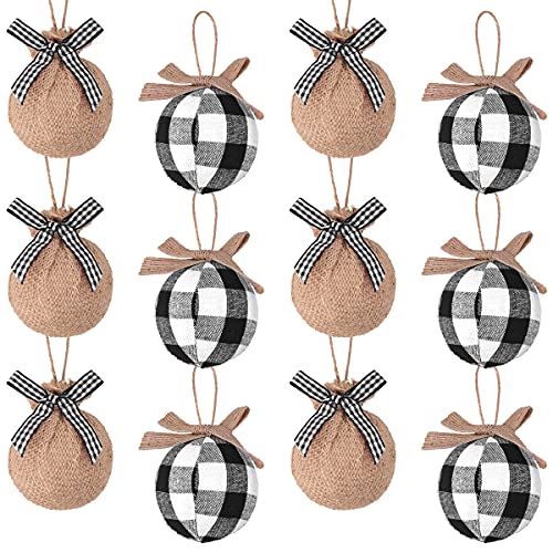 Christmas Decorations Tree Ornaments, 12pcs Buffalo Plaid Burlap Farmhouse Christmas Ornaments, Black White Country Xmas Decor Indoor, Cute Rustic Xmas Balls for Home Office Family Holiday Party