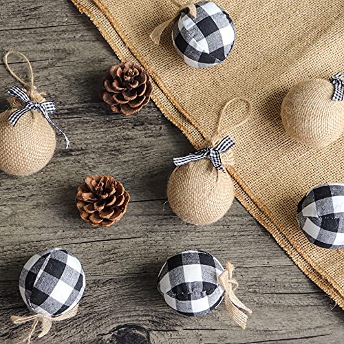 Christmas Decorations Tree Ornaments, 12pcs Buffalo Plaid Burlap Farmhouse Christmas Ornaments, Black White Country Xmas Decor Indoor, Cute Rustic Xmas Balls for Home Office Family Holiday Party