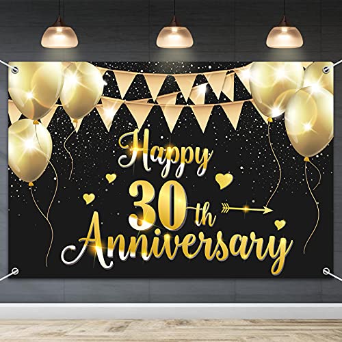 HAMIGAR 6x4ft Happy 30th Anniversary Banner Backdrop - 30 Wedding Anniversary Decorations Party Supplies - Black Gold